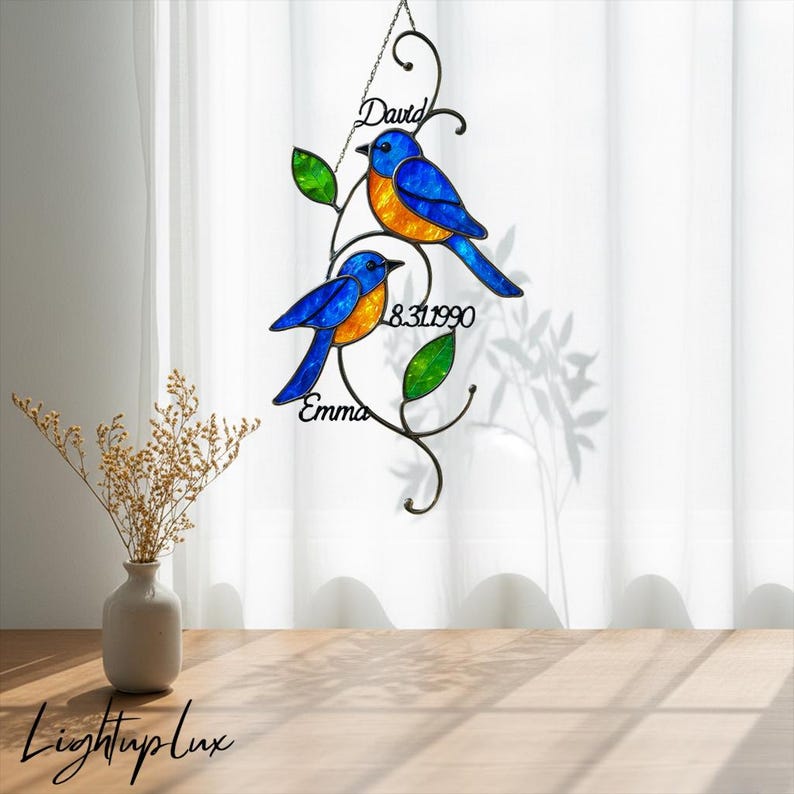 Couple Bluebird Stained Glass Window, Custom Romantic Decorative Glass ...