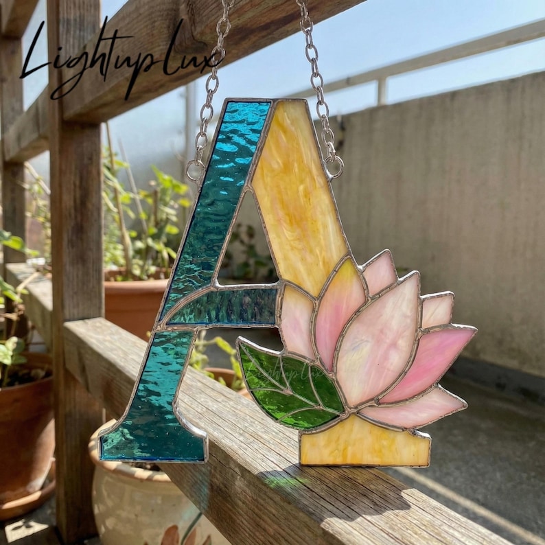 Stained Glass Lotus Monogram Suncatcher, Personalized Initial Window ...