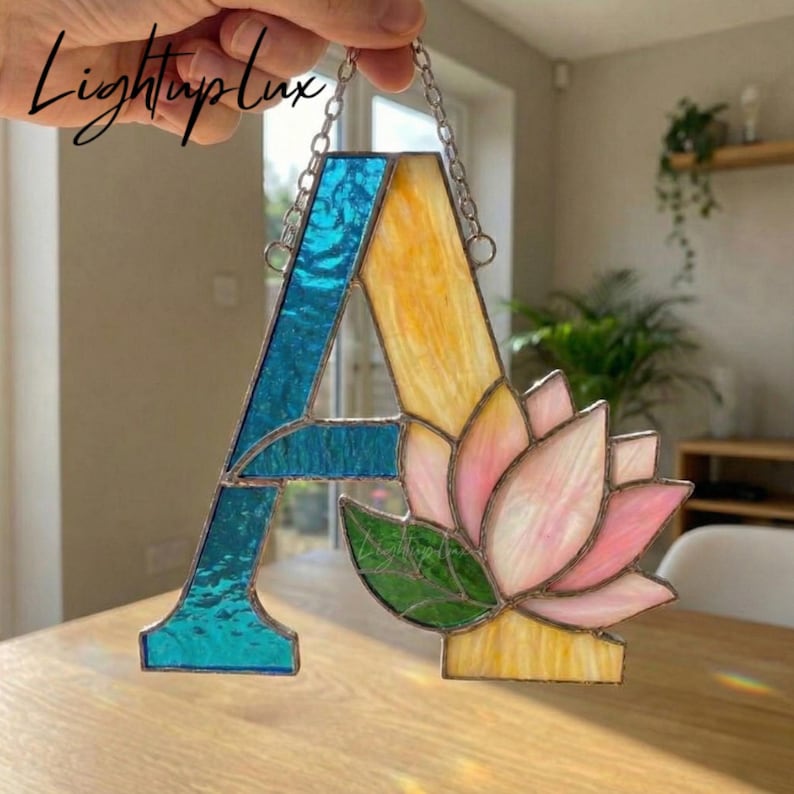 Stained Glass Lotus Monogram Suncatcher, Personalized Initial Window ...