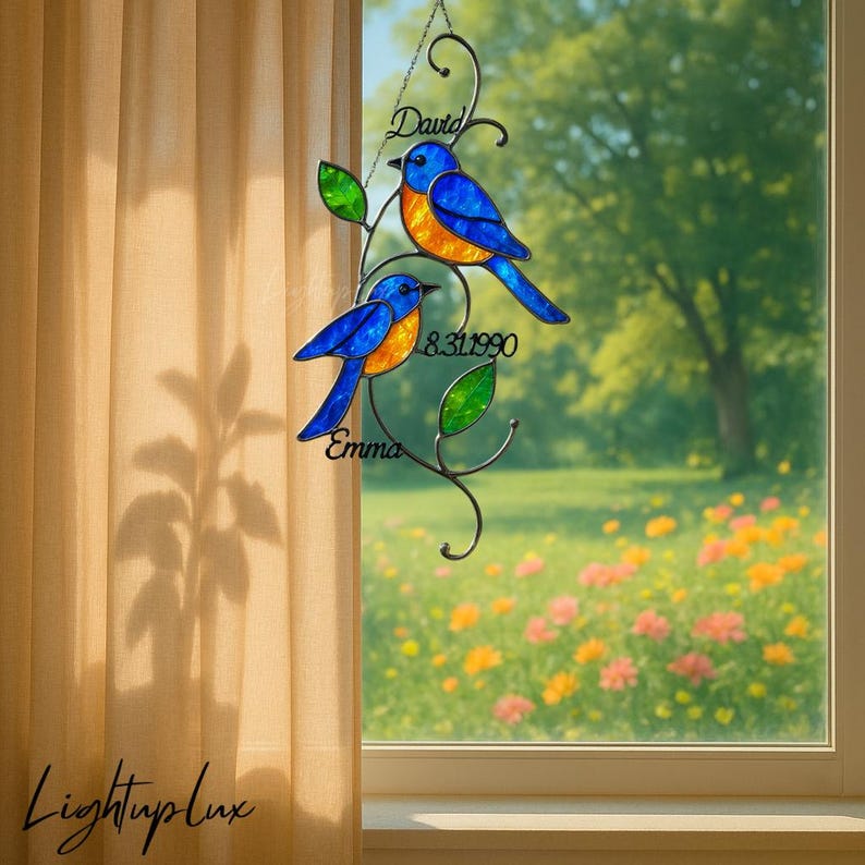 Couple Bluebird Stained Glass Window, Custom Romantic Decorative Glass ...