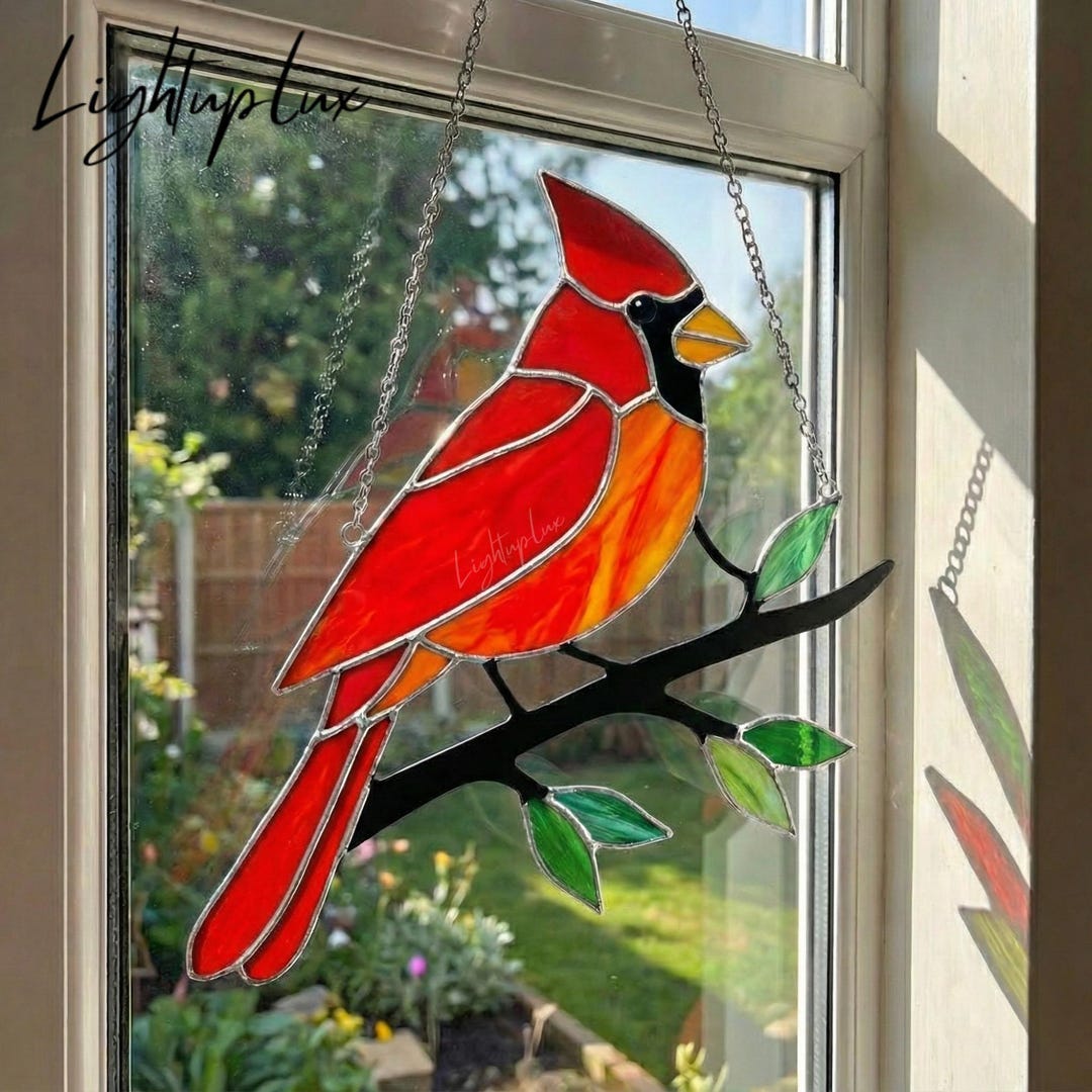 Cardinal Bird Stained Glass Window Suncatcher, Handmade Red Bird Glass ...