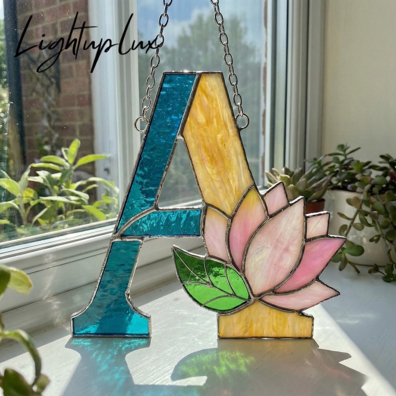 Stained Glass Lotus Monogram Suncatcher, Personalized Initial Window ...