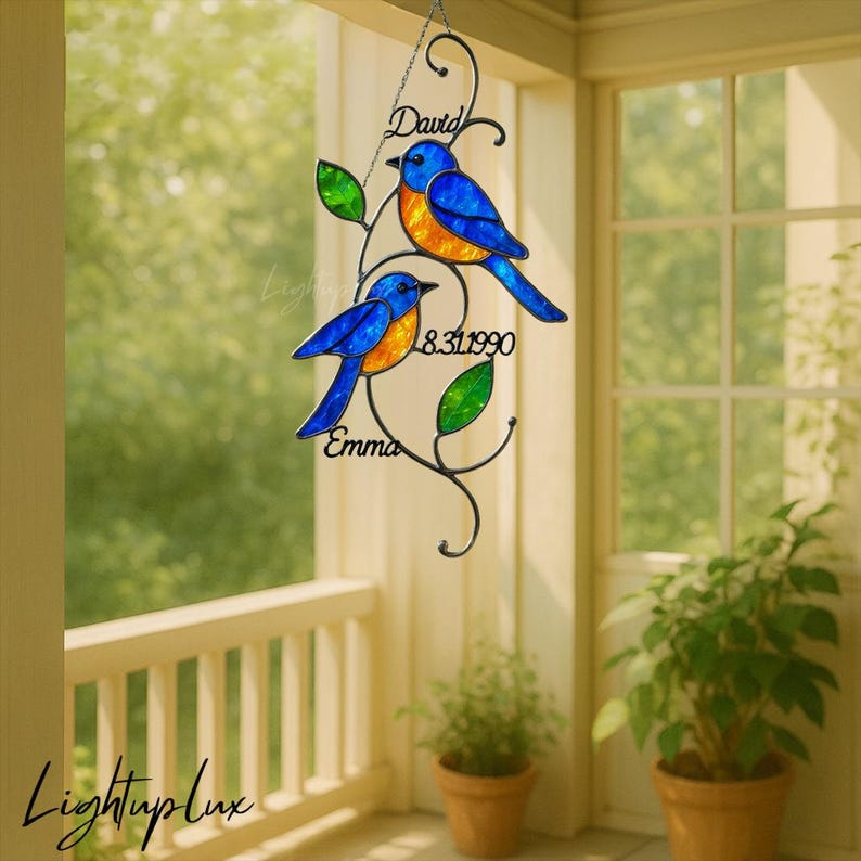 Couple Bluebird Stained Glass Window, Custom Romantic Decorative Glass ...