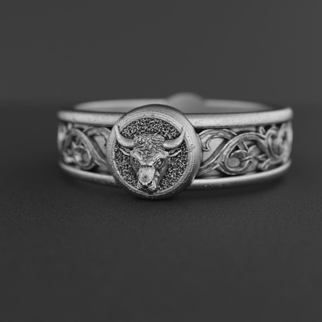 Taurus Bull Sterling Silver Ring, Zodiac Jewelry, Floral Band - Etsy
