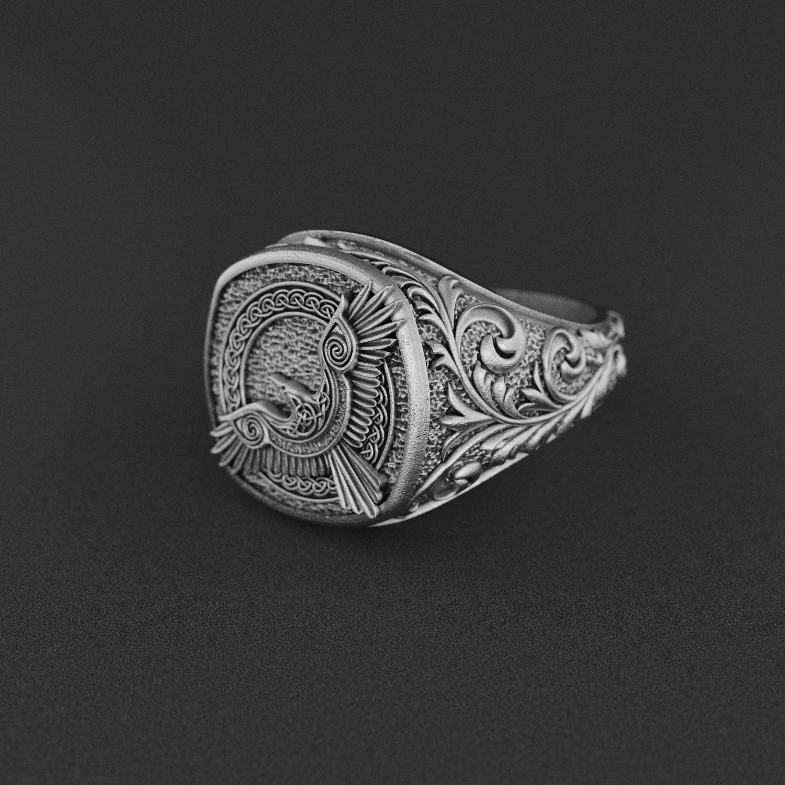 Celtic Raven Signet Ring, Norse Mythology Viking Jewelry, Sterling Silver Mens Ring, Bird of ...