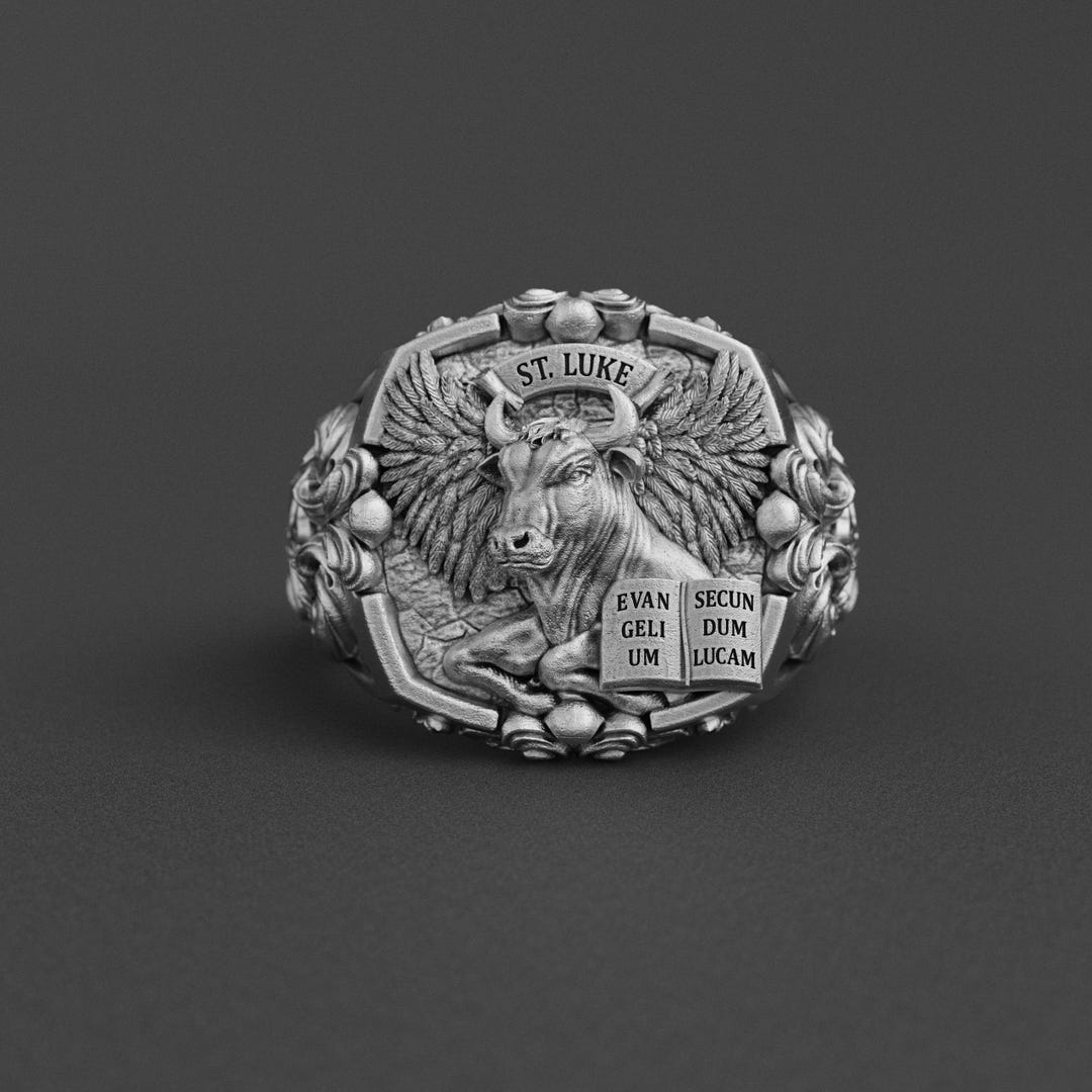 St. Luke Winged Ox Ring, Evangelist Gospel Symbol, Sterling Silver ...