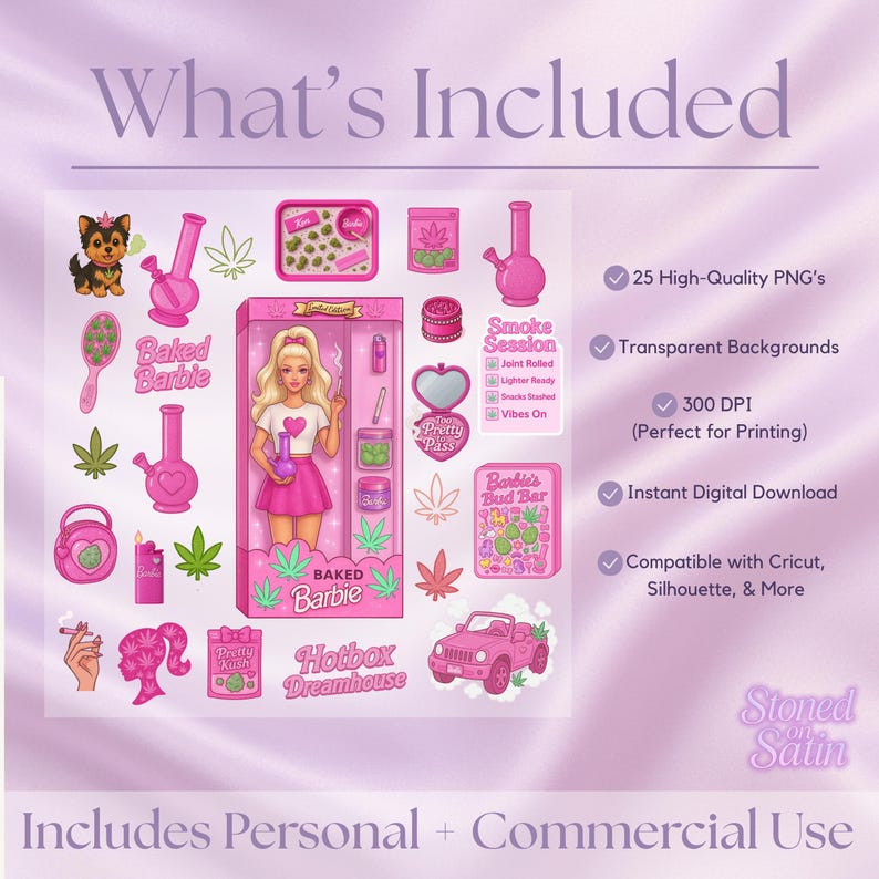 Stoner Girl PNG Bundle – Barbiecore Weed Clipart for Stickers, Sublimation, Stash Jar Pngs ...