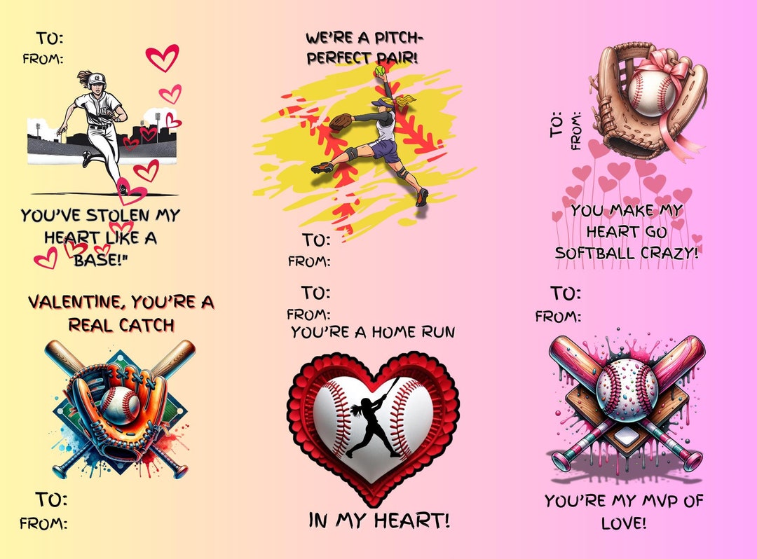 Softball Valentines Cards, Printable, Candyless, Funny Sayings, Class ...