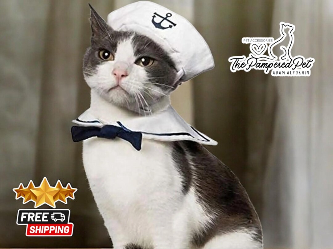Pet Sailor Costume Cat Captain Hat With Tie Nautical Furry Pal Outfit ...