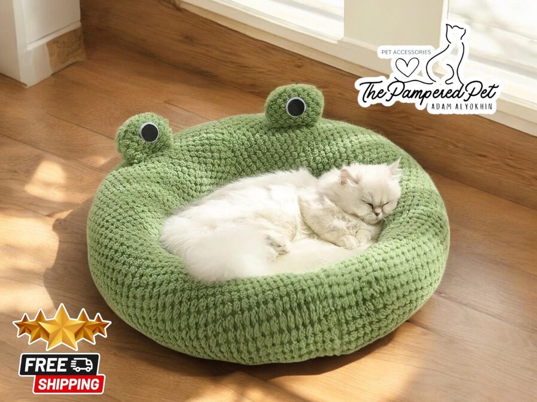 Green Frog Cat & Dog Bed Cozy Plush Furry Friend Nest Handmade Cartoon ...
