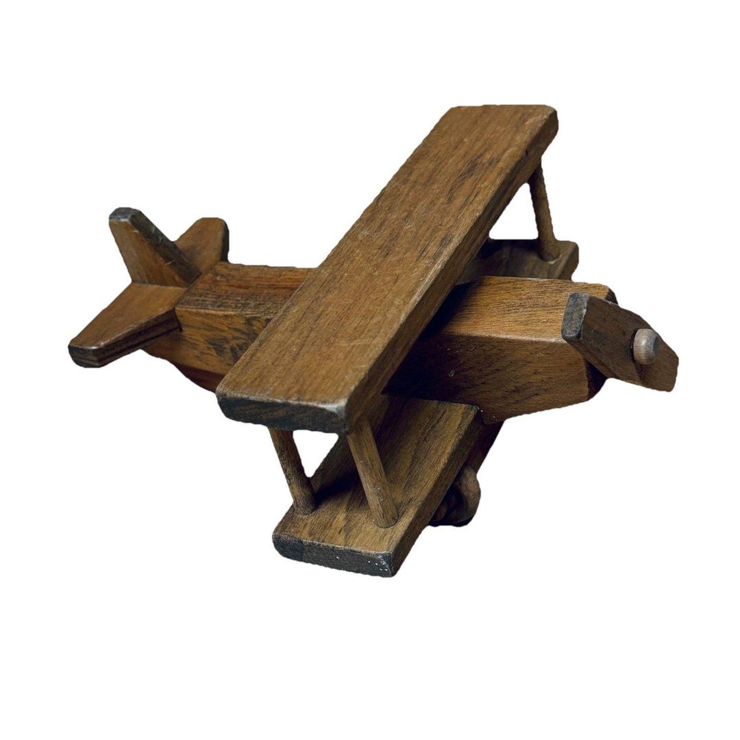 Vintage Amish Wooden Toy Airplane Display Piece With Wheels Biplane ...