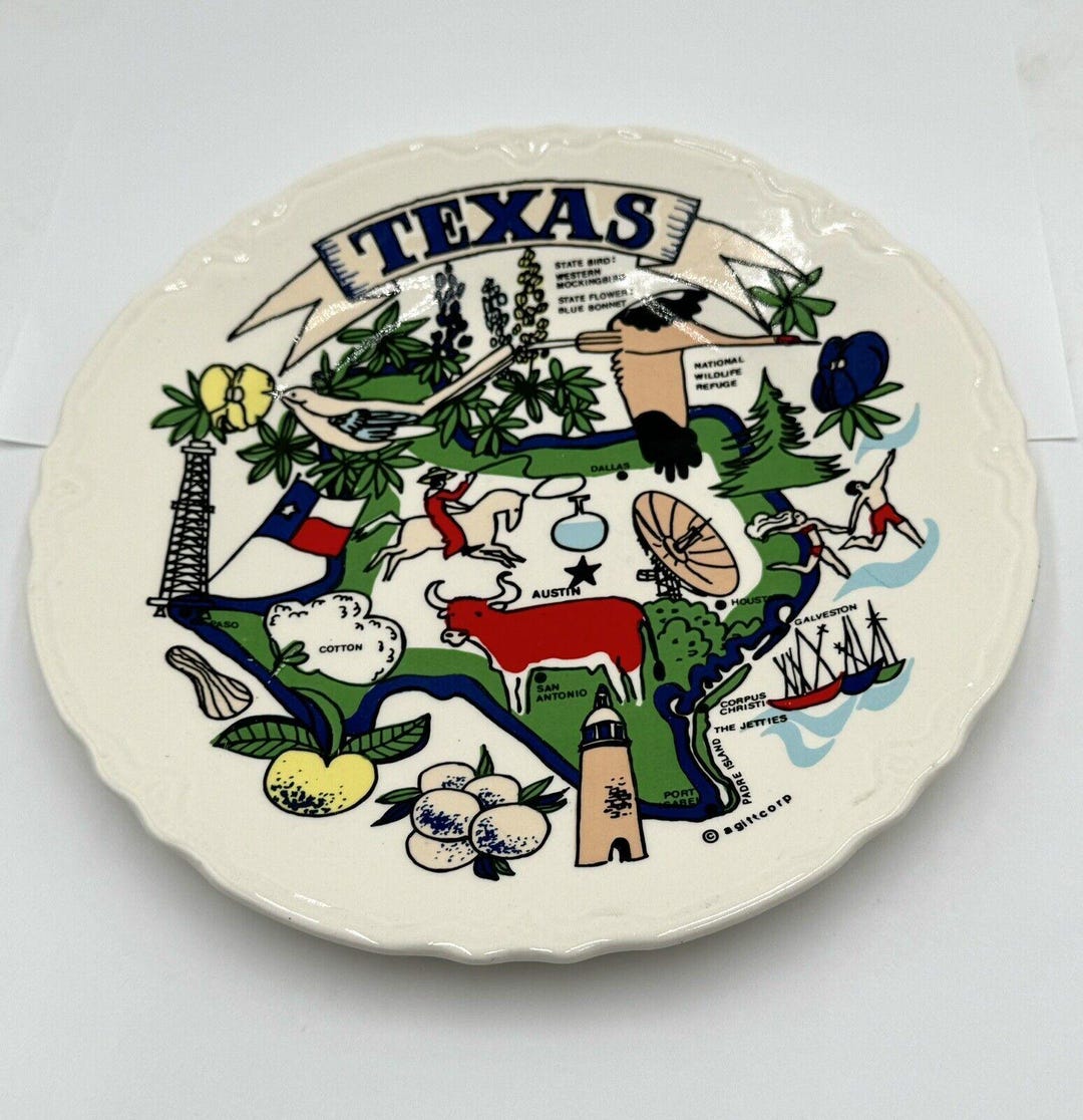 Vintage Retro Texas Decorative Landmarks Plate Mid Century Oil Cow ...
