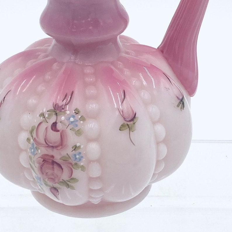 Fenton Glossy Rosalene Melon Beaded Pitcher Hand Painted and Signed C ...