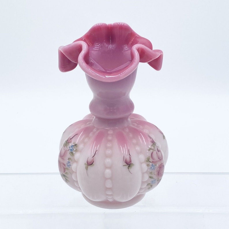 Fenton Glossy Rosalene Melon Beaded Pitcher Hand Painted and Signed C ...