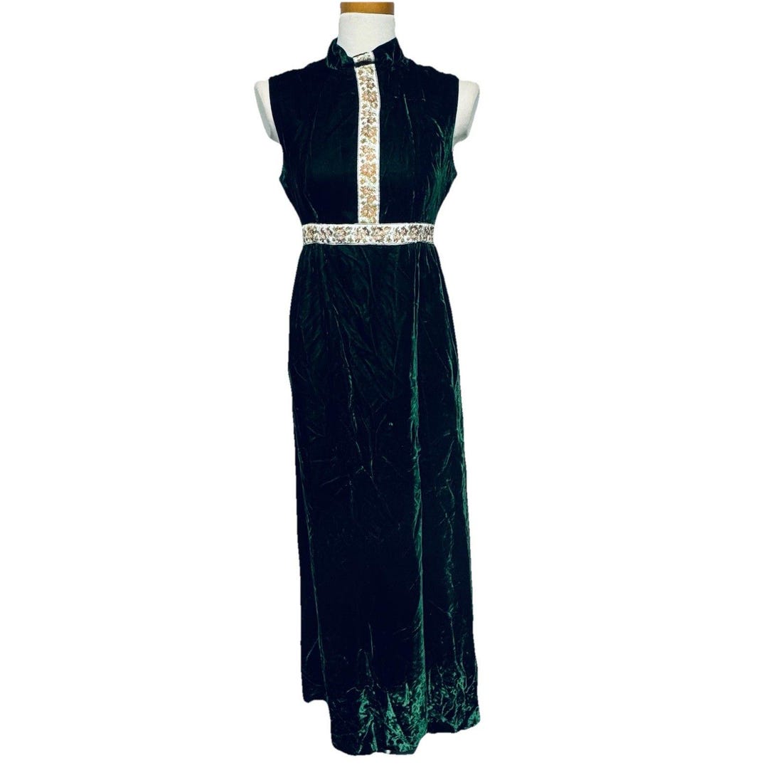 VTG 70s Gerry Velvet Emerald Green Tie Back Maxi Dress Size 10 See ...