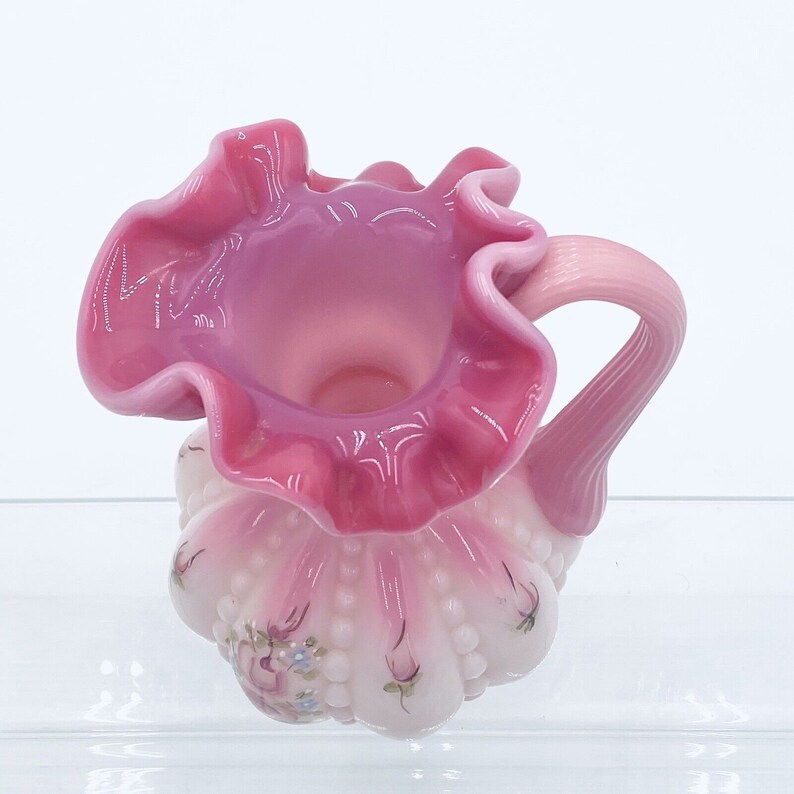 Fenton Glossy Rosalene Melon Beaded Pitcher Hand Painted and Signed C ...