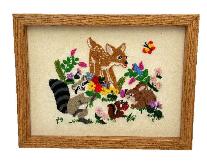 Vintage Crewel Embroidery Completed Framed Creative Circle Forest ...