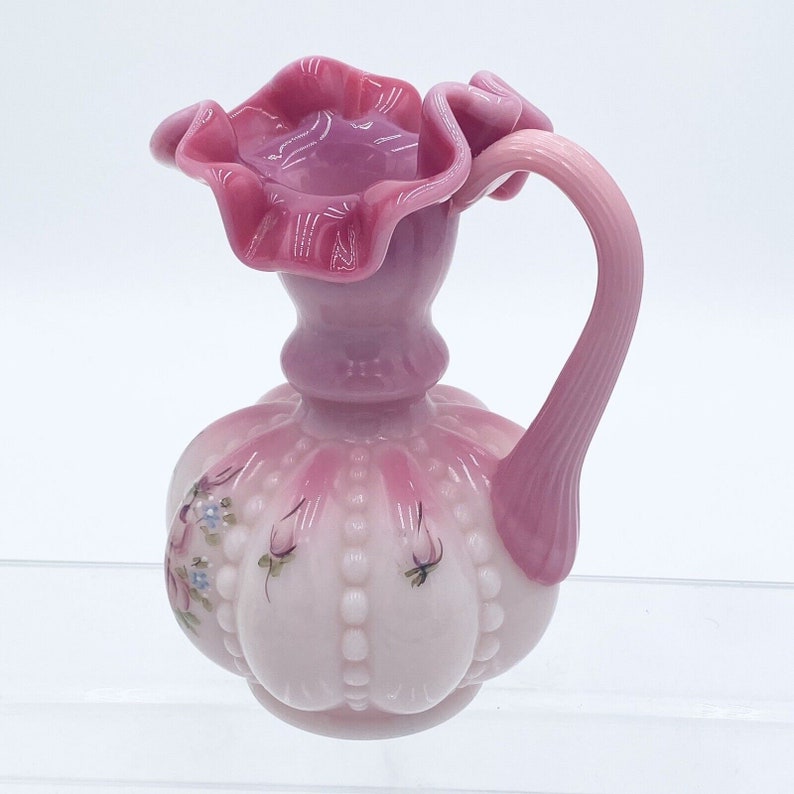 Fenton Glossy Rosalene Melon Beaded Pitcher Hand Painted and Signed C ...