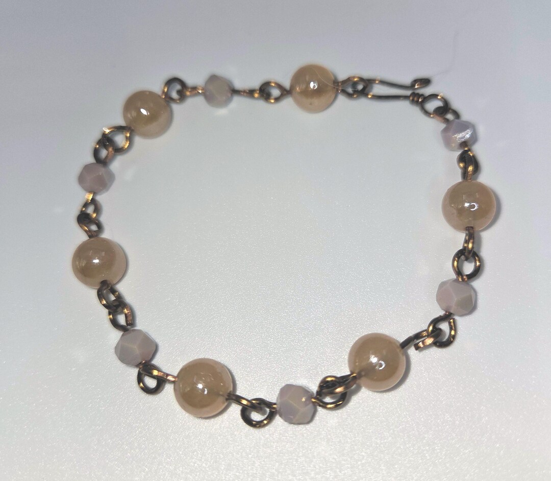 Hand Wired Copper Bracelet, Pink Shell Pearls, Purple Crystals - Etsy