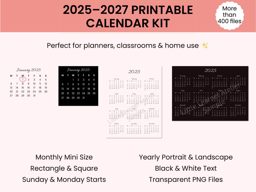 2025-2027 Mini Calendar PNG Bundle: Planner Stickers (sunday & Monday ...