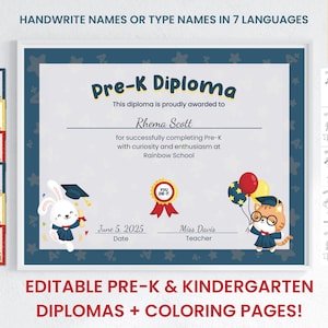 Editable Kindergarten Graduation Certificate + Pre-k Diploma & Coloring ...
