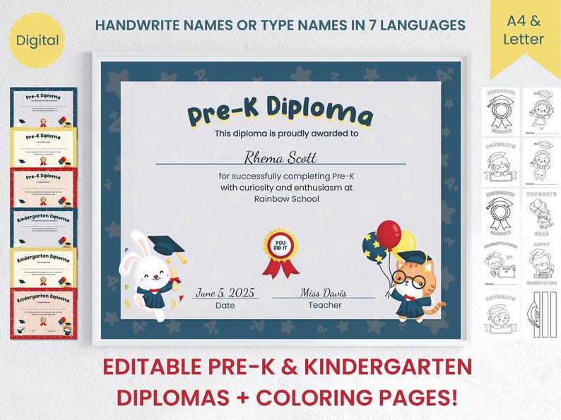 Editable Kindergarten Graduation Certificate + Pre-k Diploma & Coloring ...