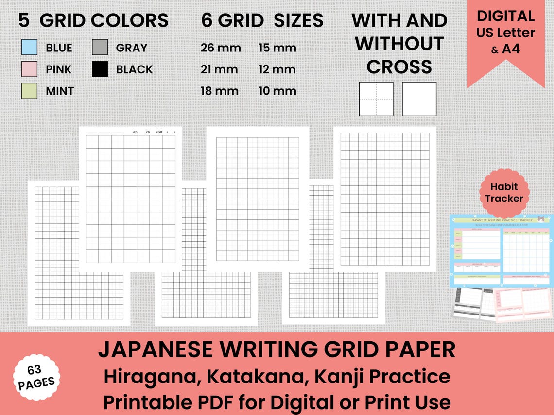 Japanese Writing Grid Paper: Hiragana, Katakana, Kanji Practice ...