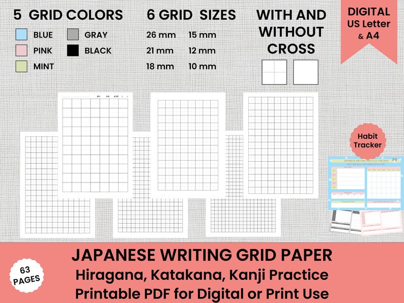 Japanese Writing Grid Paper: Hiragana, Katakana, Kanji Practice ...