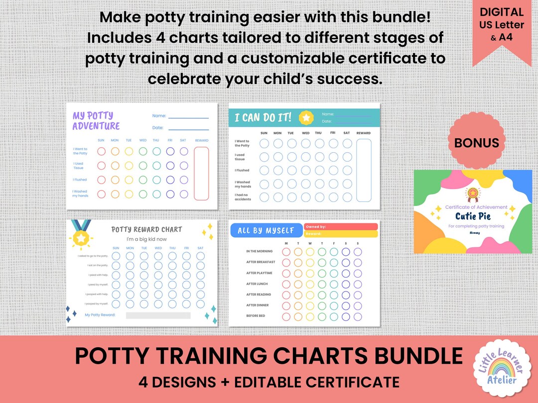Potty Training Charts Bundle: 4 Designs + Editable Certificate (A4/US ...