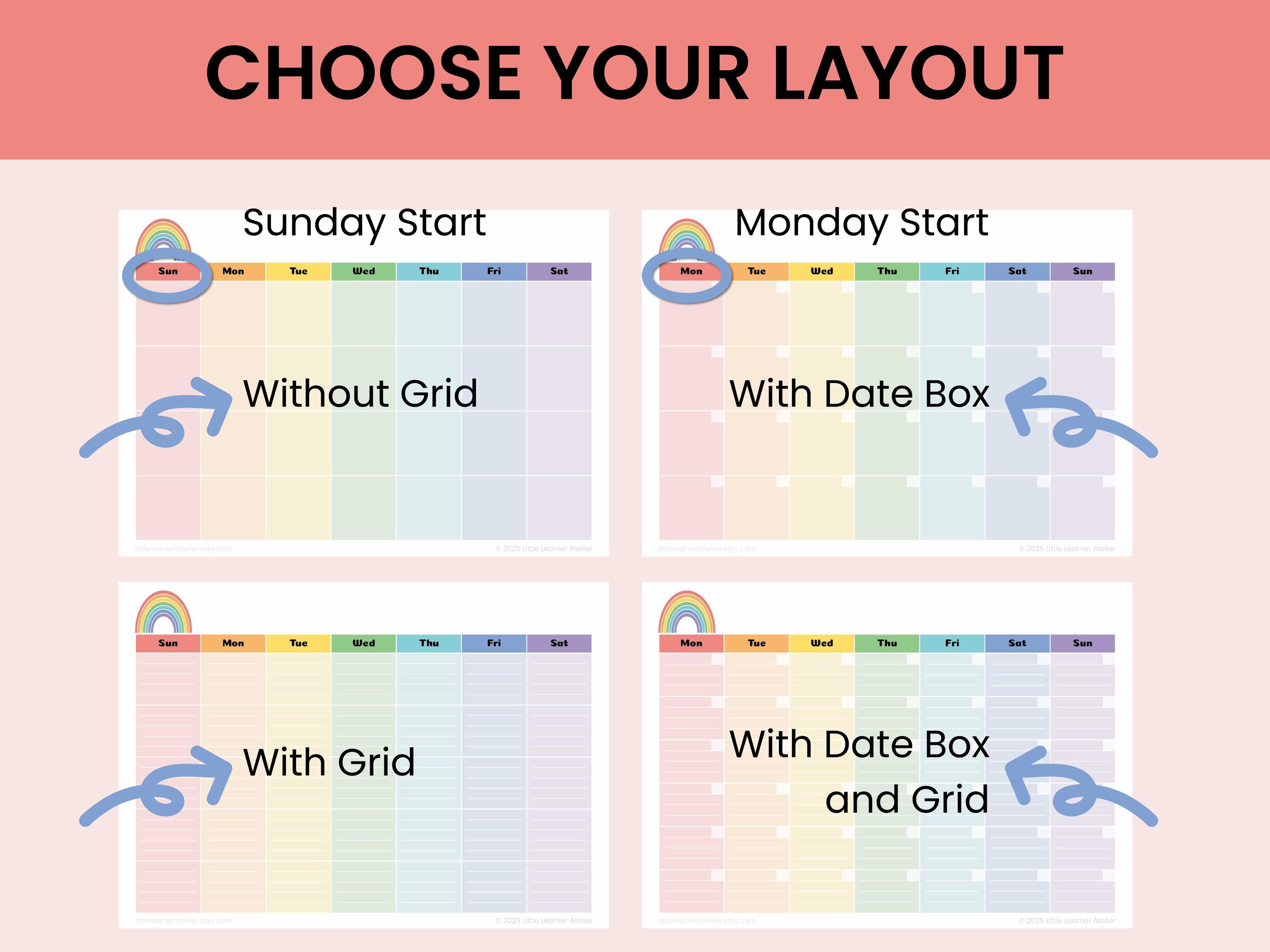 Rainbow Kids Calendar Printable: Undated Monthly Planner (a4/letter PDF ...