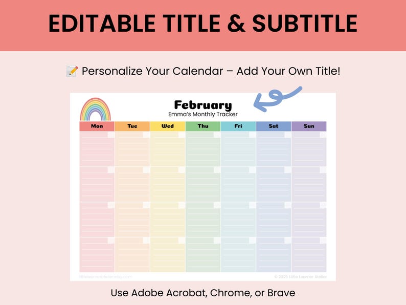 Rainbow Kids Calendar Printable: Undated Monthly Planner (a4/letter PDF ...