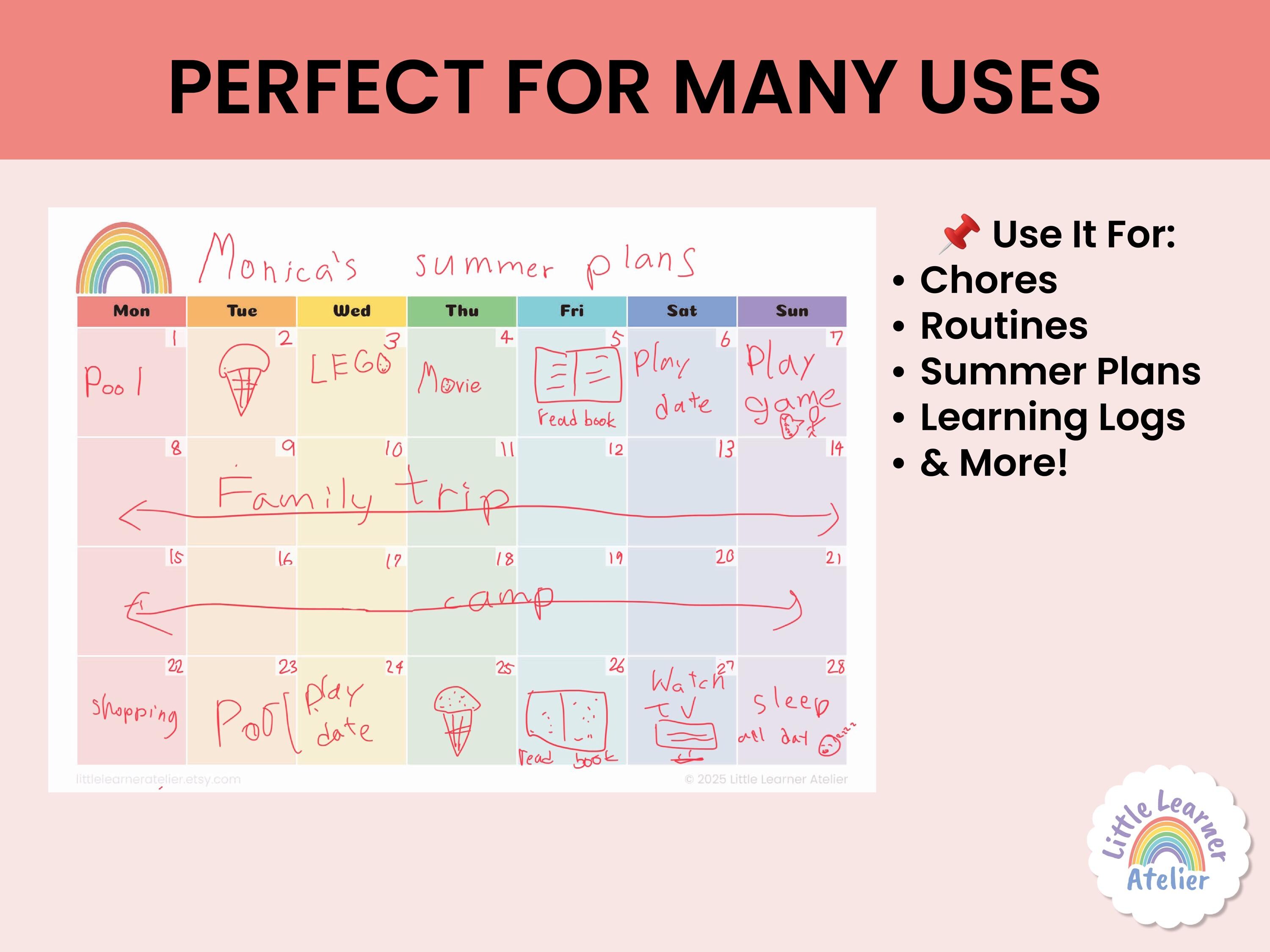 Rainbow Kids Calendar Printable: Undated Monthly Planner (a4/letter PDF ...