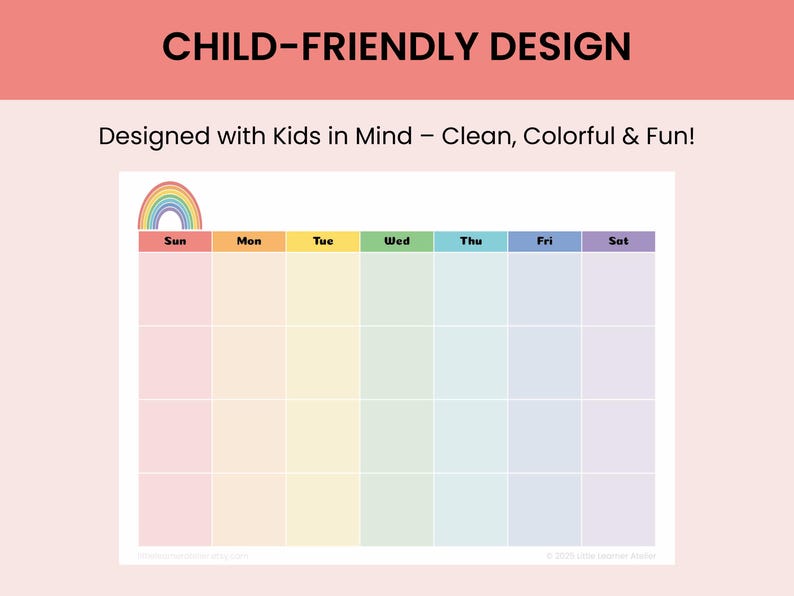 Rainbow Kids Calendar Printable: Undated Monthly Planner (a4/letter PDF ...