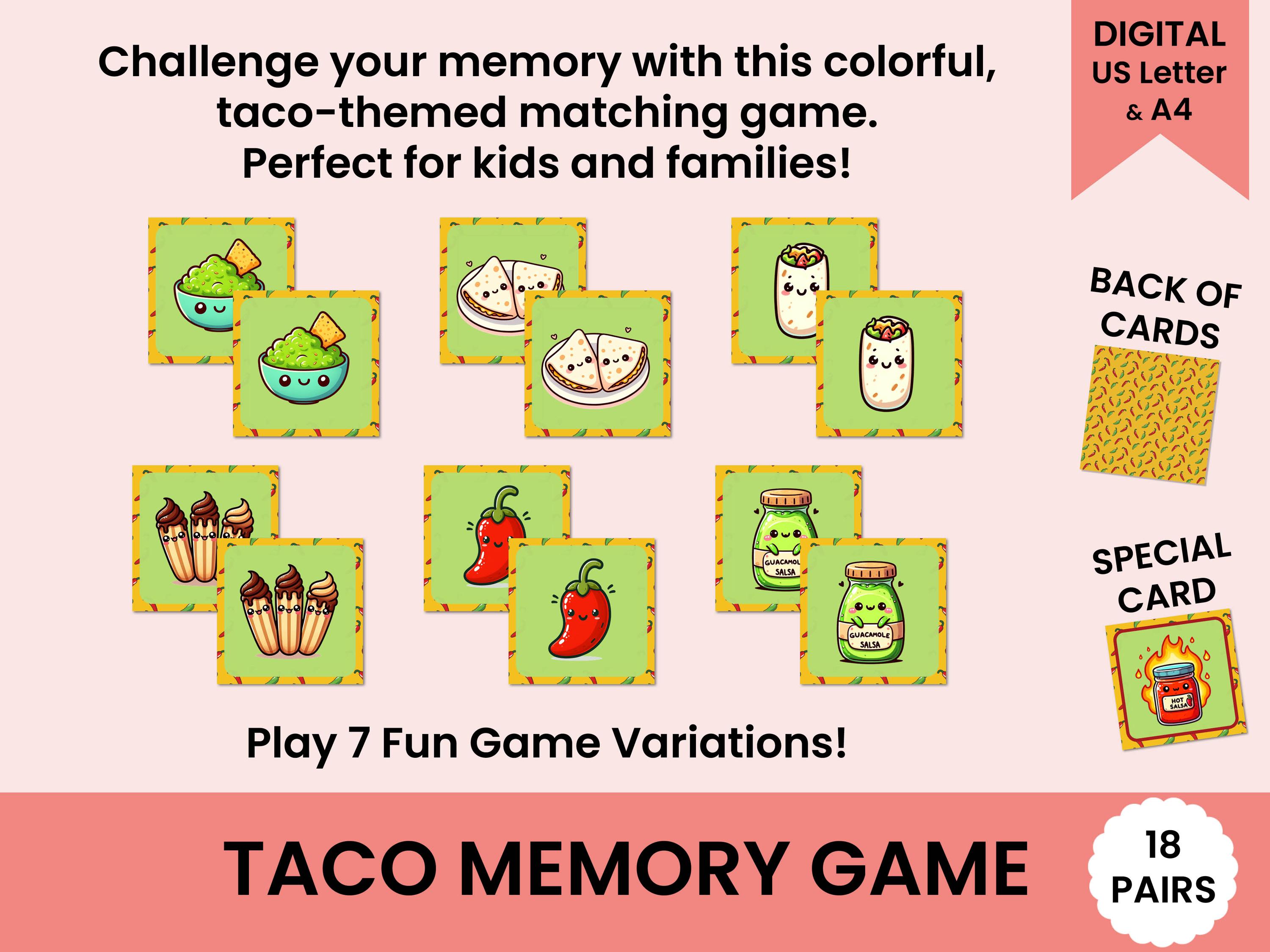 Taco Memory Game | Printable Matching Game for Kids | Fun and ...