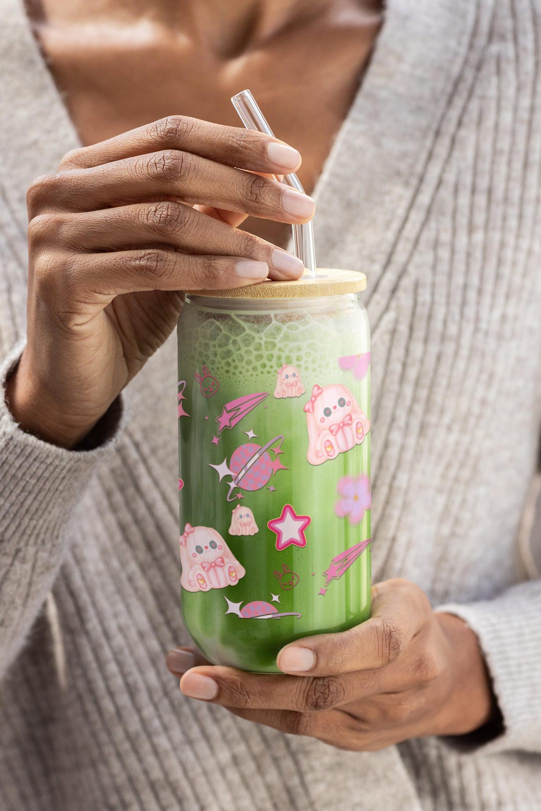 Pink Space Bunny Sipper Glass, Cute and Durable 16oz Tumbler for Rabbit ...