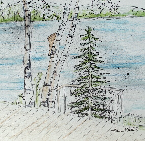 Items similar to Landscape Drawing-Lake/Minnesota/Cabin/Original ...