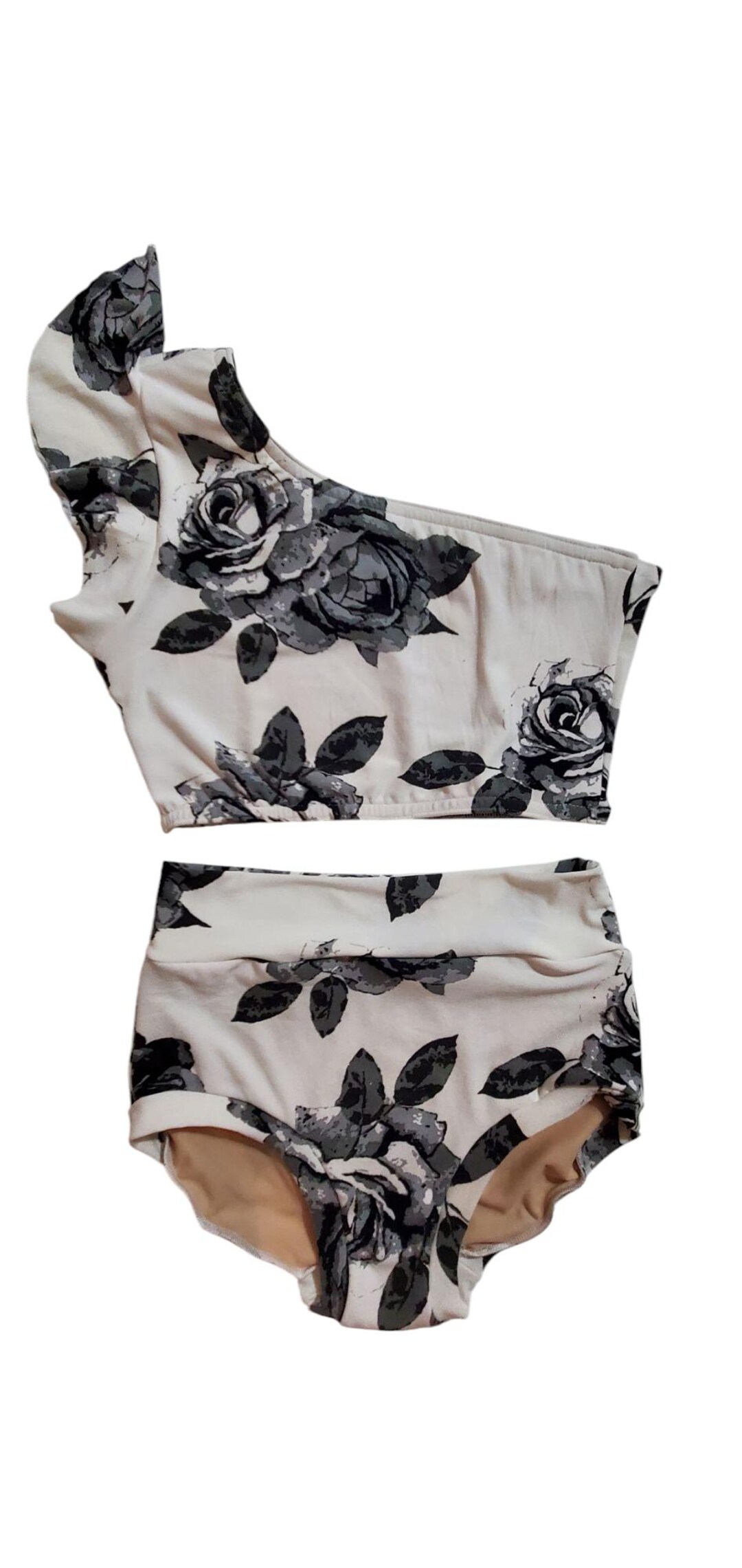 Black and White Floral Single Shoulder Flutter Top With Matching Brief ...