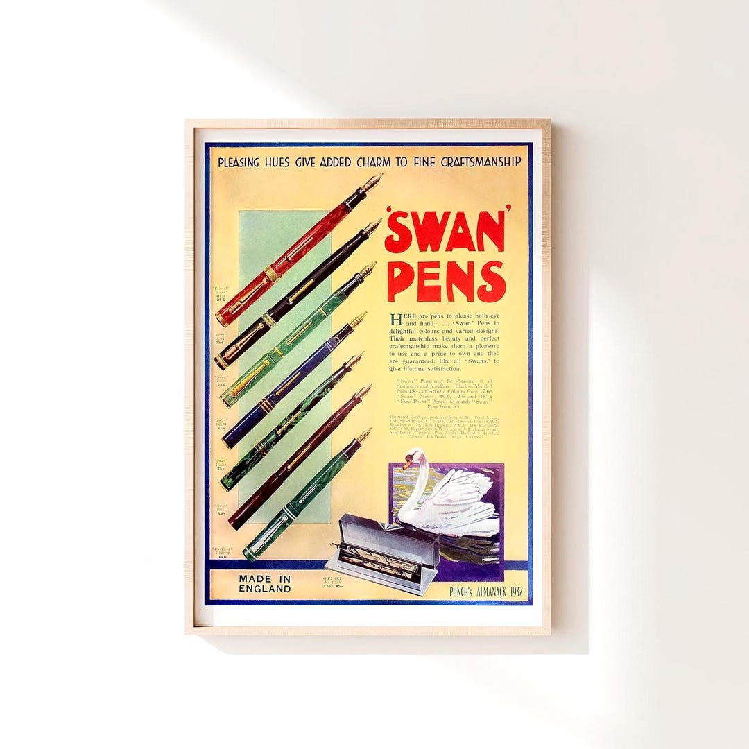 Vintage Swan Fountain Pen Poster | 1930s Retro Advertising Print | Art ...