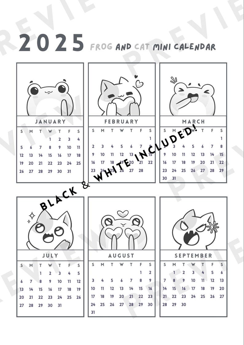 2025 Mini Calendar Cute Kawaii Adorable Cartoon Cat and Frog Theme - Etsy