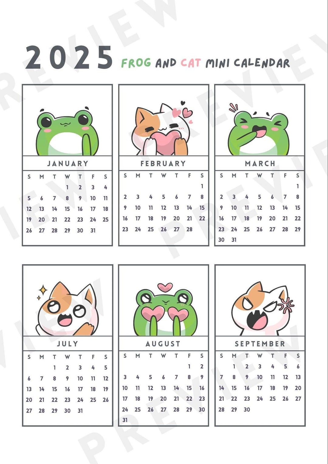 2025 Mini Calendar Cute Kawaii Adorable Cartoon Cat and Frog Theme - Etsy