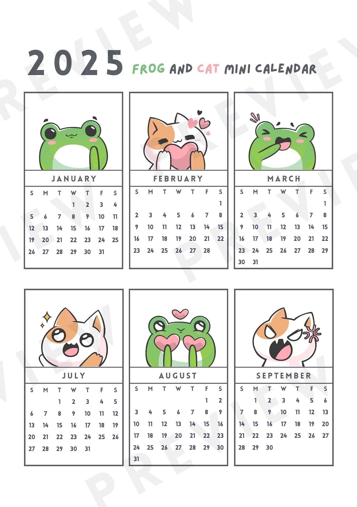 2025 Mini Calendar Cute Kawaii Adorable Cartoon Cat and Frog Theme - Etsy