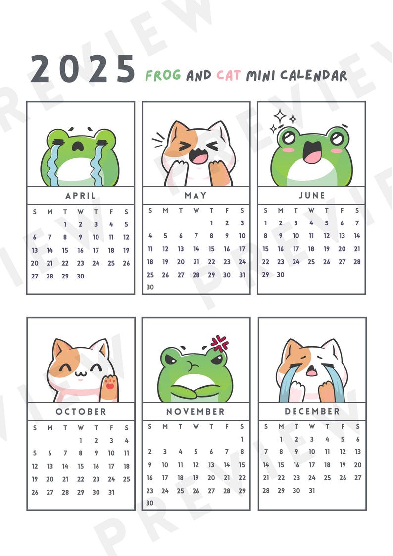 2025 Mini Calendar Cute Kawaii Adorable Cartoon Cat and Frog Theme - Etsy