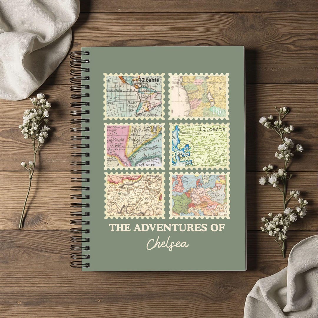 Personalized Travel Journal Gift, Custom Map Postage Stamp Travel Diary ...