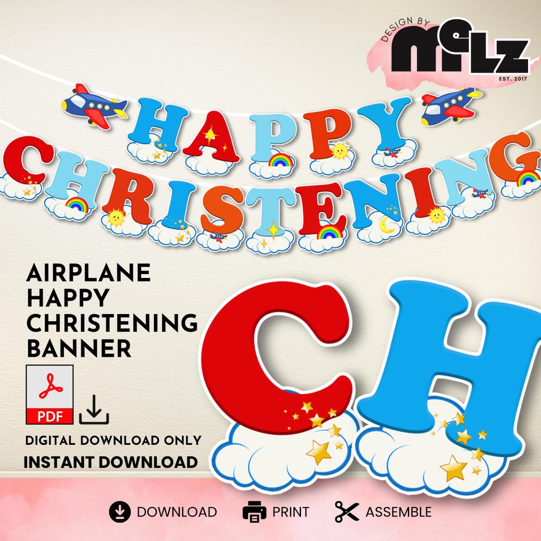 Airplane Clouds Happy Christening Banner, Flags, Bunting, Baptism, Baby ...