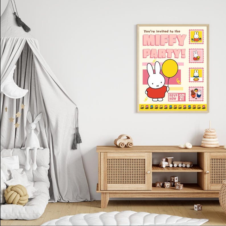 Miffy Party Poster Digital Print, Y2K Bunny Room Art, Playful Birthday ...