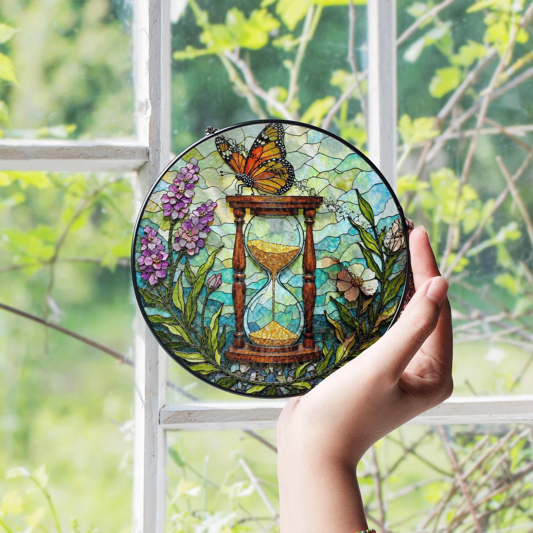 Butterfly Hourglass Stained Glass Suncatcher Nature Time Decor Gift for ...
