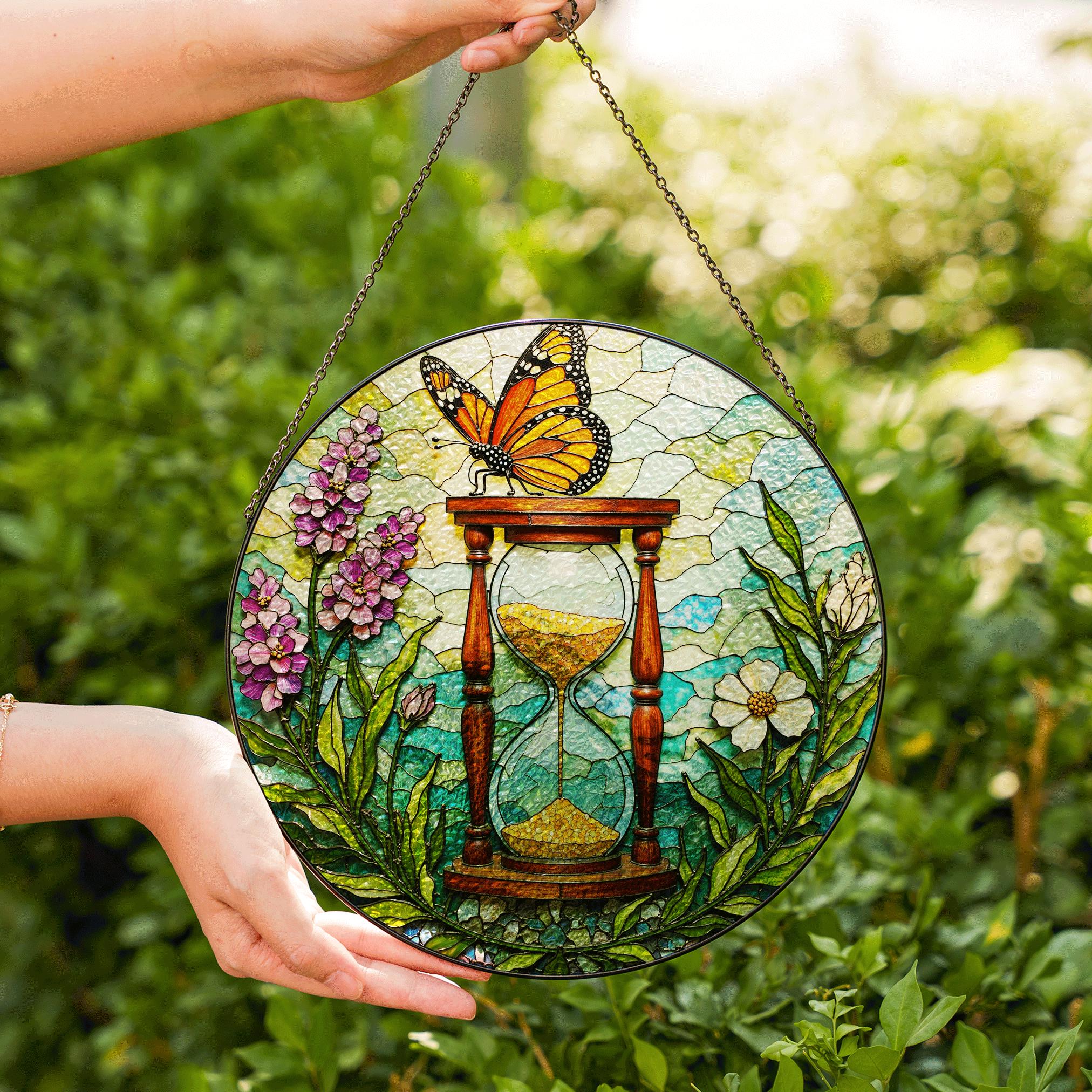 Butterfly Hourglass Stained Glass Suncatcher Nature Time Decor Gift for ...