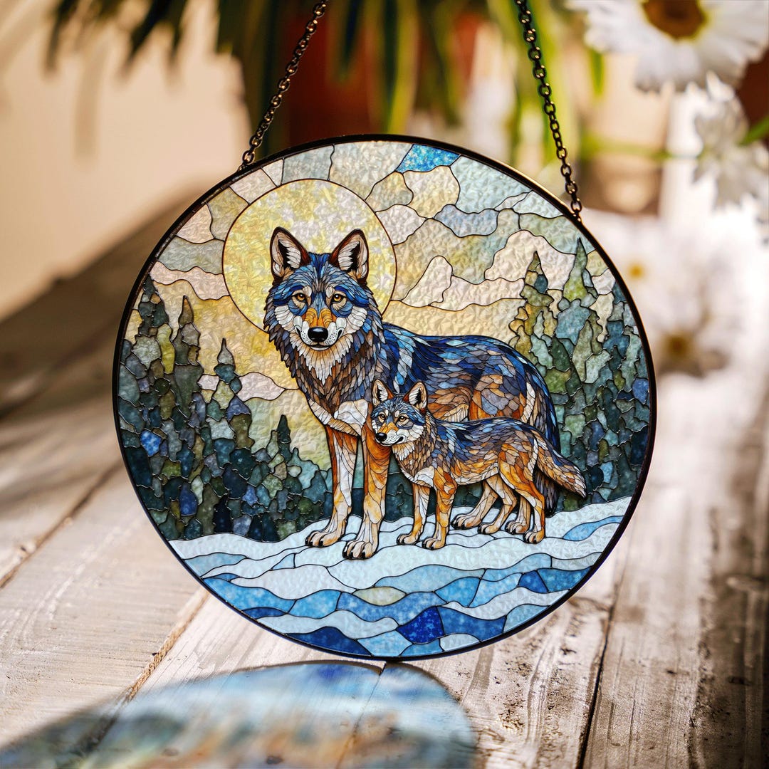 Forest Wolf With Cub Stained Glass Look Suncatcher for Window Decor ...