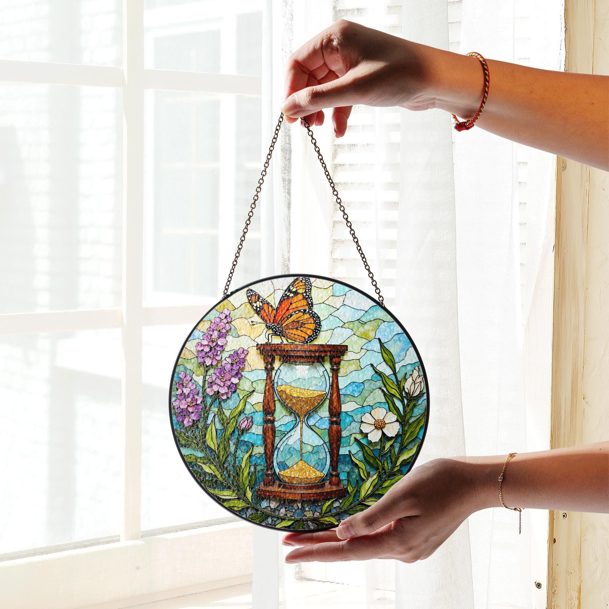 Butterfly Hourglass Stained Glass Suncatcher Nature Time Decor Gift for ...