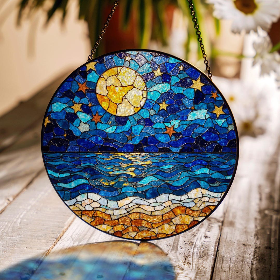 Moonlit Night Ocean Stained Glass Suncatcher Window Hanging Gift for ...